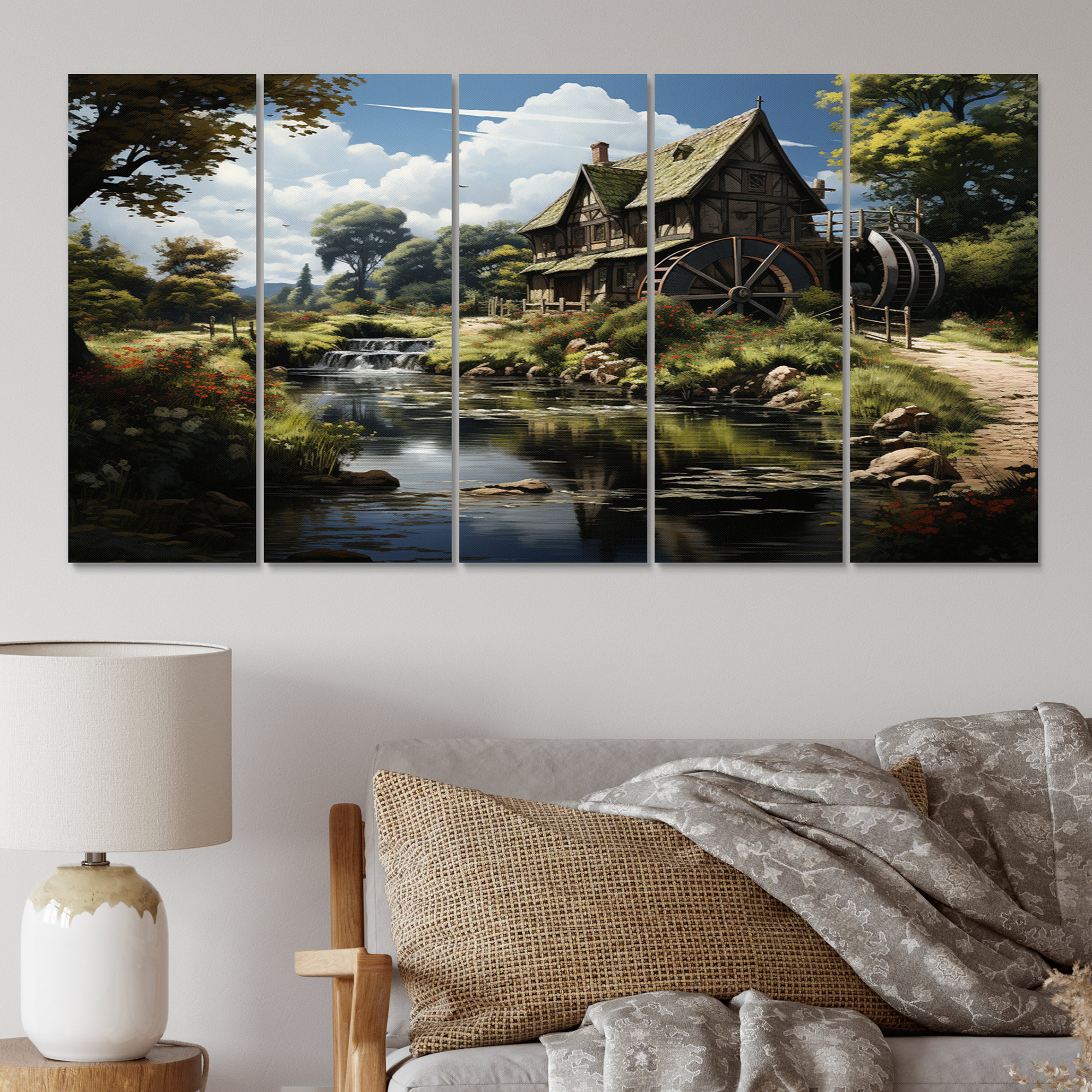 Millwood Pines Green Brown Mills Summer Mill Serenity - Mills Canvas Art Print - 5 Equal Panels ...